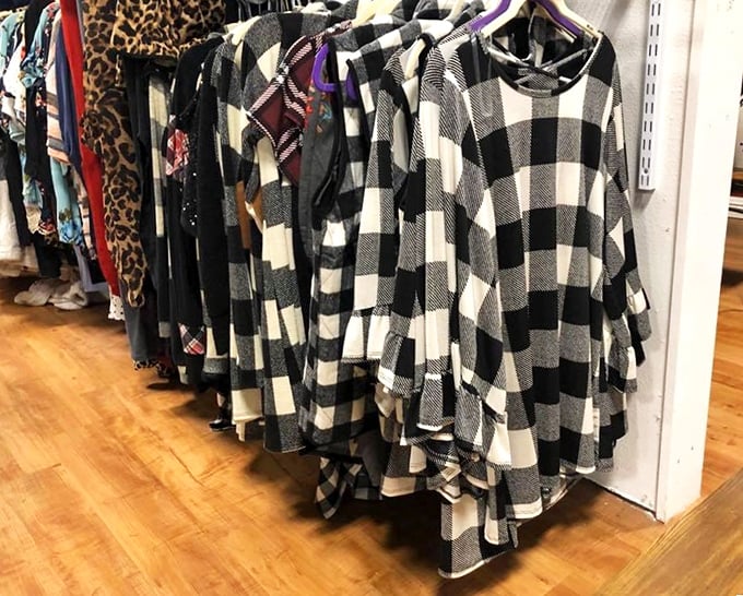 Buffalo check patterns and leopard prints hang together in perfect harmony—proof that in Texas, even the vintage clothing has strong opinions about style.
