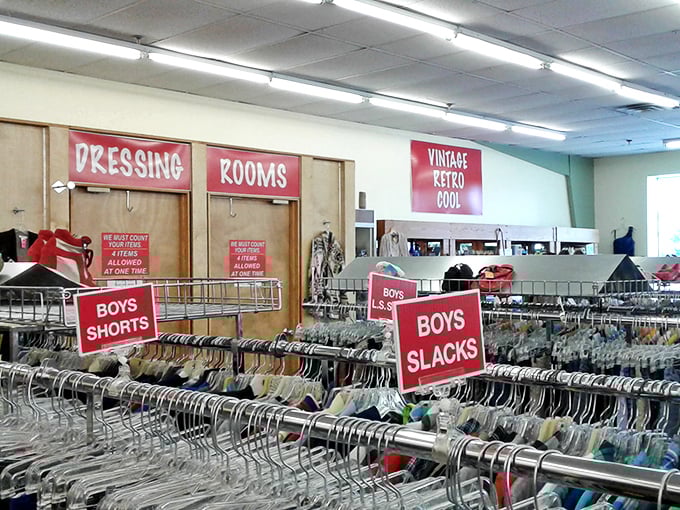 The clothing racks stretch into the distance like a fabric rainbow promising affordable style adventures ahead.