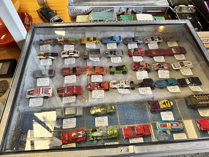 Miniature automotive history under glass—each tiny car representing some collector's first ride, dream vehicle, or the one that got away.