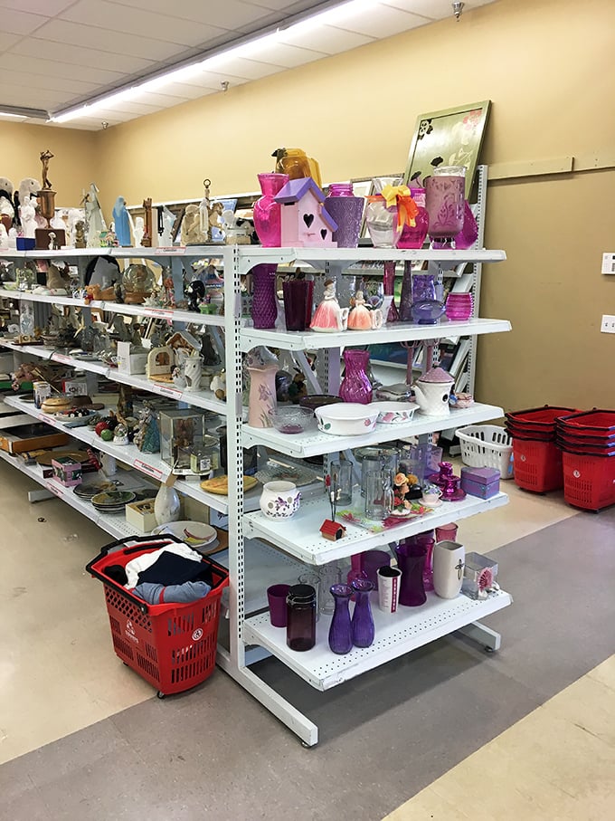 A wonderland of decorative items where vintage figurines and colorful vases create an eclectic display of decades past.
