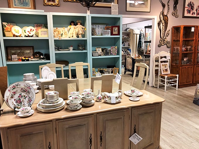 Fine china that once hosted elegant dinner parties now waits for its second act—like a Broadway understudy finally getting the spotlight.