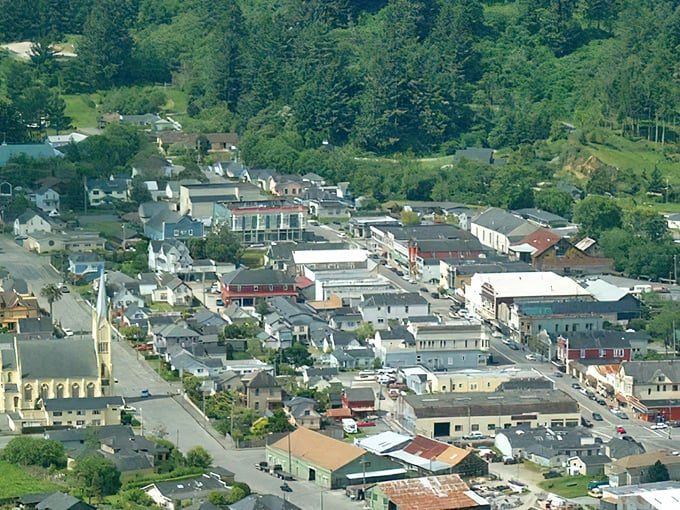 From above, Ferndale reveals itself as a perfect little town nestled between emerald hills and redwood forests—like a Victorian village in a snow globe, minus the snow.