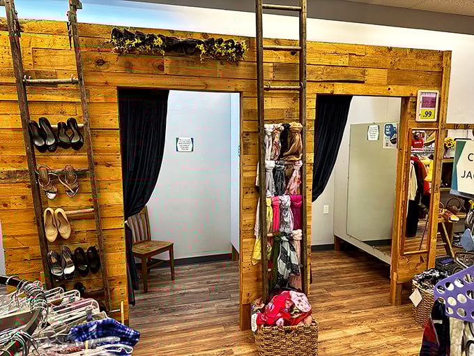 These rustic fitting rooms with wooden accents feel more like a boutique than a thrift store. Try before you buy – what a revolutionary concept!