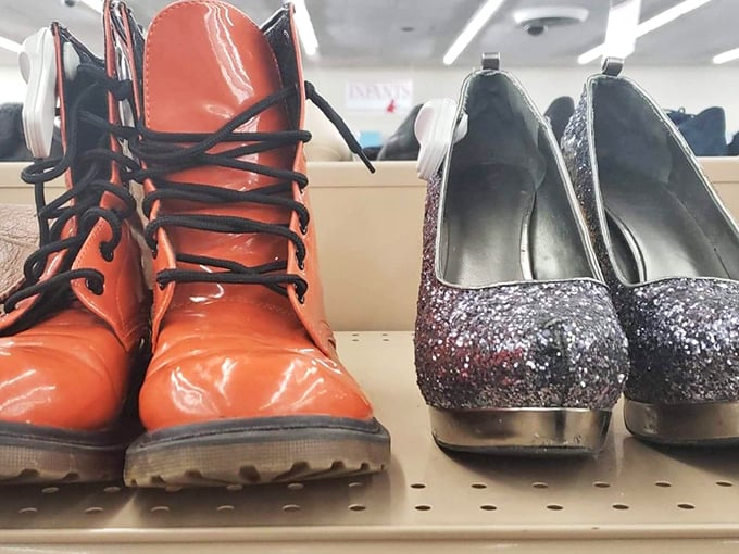 These boots and sparkly heels once walked different paths—now they wait side by side for new adventures and dance floors.