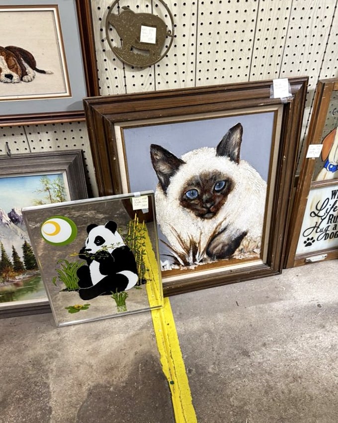 Framed nostalgia on display! That Siamese cat portrait has eyes that follow you around the room, judging your other purchases.