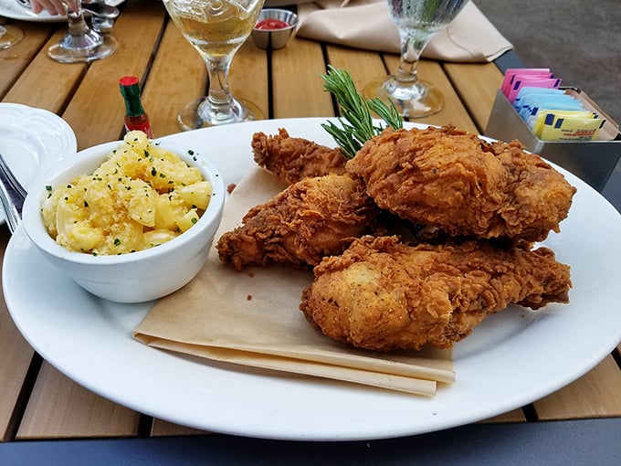 Fried chicken so perfectly golden it deserves its own Instagram account. The mac and cheese isn't just a side—it's a co-star.