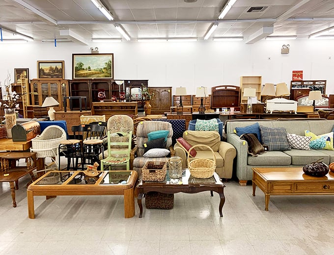 The furniture section: where mid-century meets last-century meets "that-would-look-perfect-in-my-living-room." Couches with character await their second act.