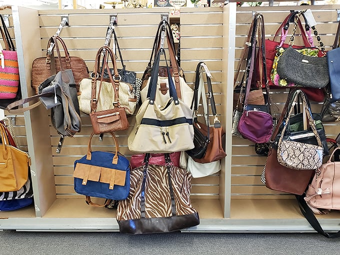 The handbag wall of fame—where designer dreams and practical carryalls hang together in democratic fashion harmony.