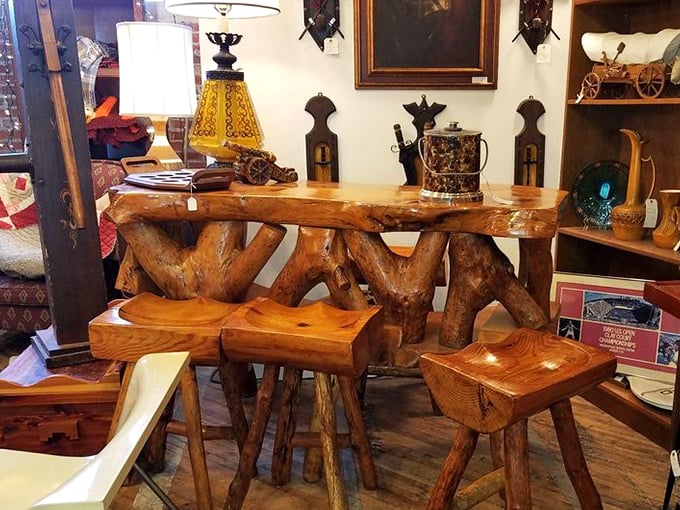 Nature meets craftsmanship in this rustic wooden table set - like something Paul Bunyan would design if he suddenly developed an interest in interior decorating.