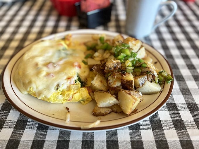 Golden-brown home fries that actually taste like potatoes, not cardboard – what a revolutionary concept in breakfast cuisine.