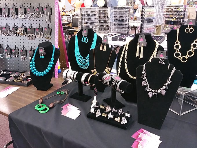 Jewelry displays that sparkle with possibility – each necklace and earring set waiting for its "Cinderella moment" with a new owner.