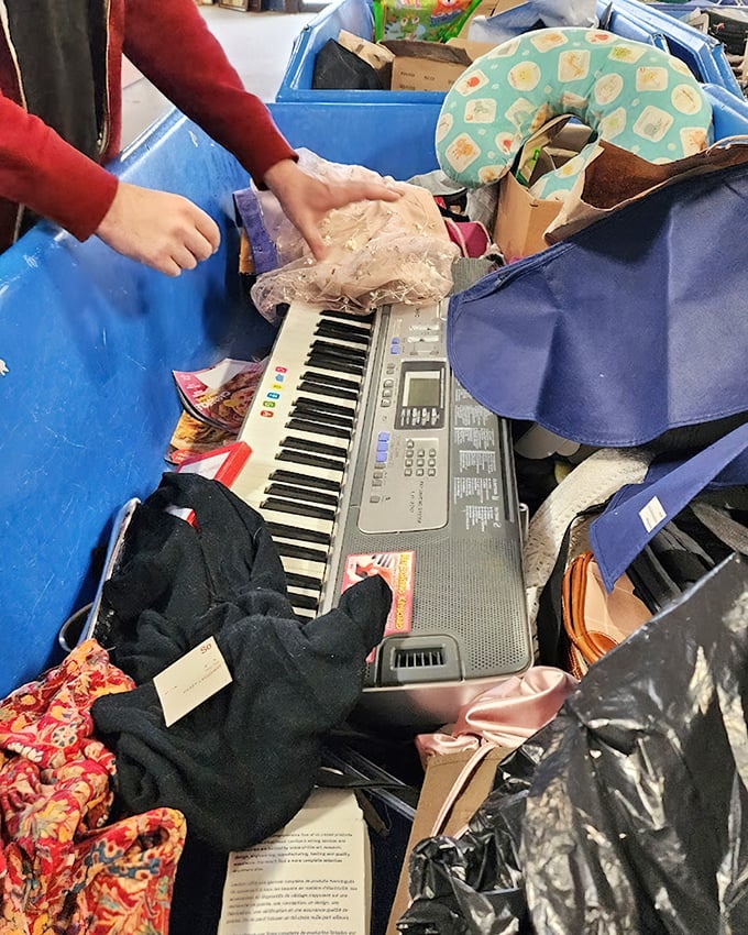 The keyboard in the wild! Electronic instruments often appear among the jumble, just waiting for someone to bring the music back.