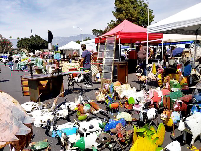 A menagerie of colorful lawn ornaments stands at attention, like a casting call for the world's most eclectic garden party.