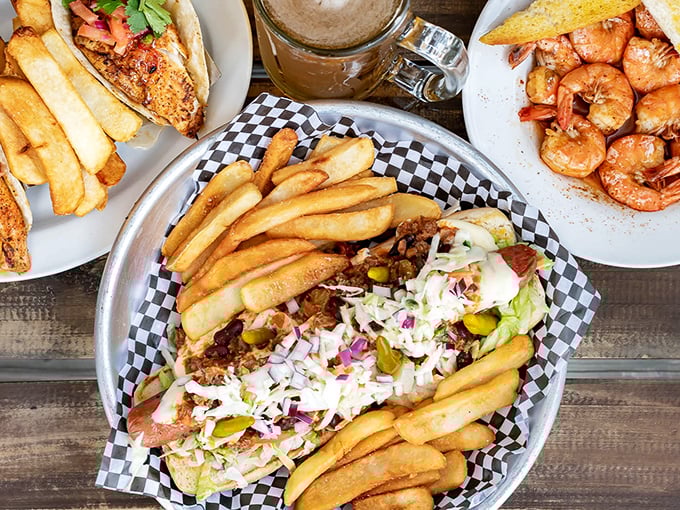 A feast fit for coastal royalty – this loaded sandwich surrounded by golden fries could make a New Englander weep with joy. The perfect post-beach reward.
