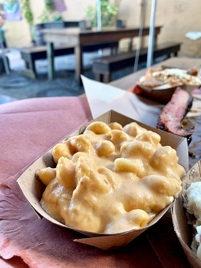 Mac and cheese that doesn't know it's a side dish—creamy, rich, and stealing the spotlight from the meat.