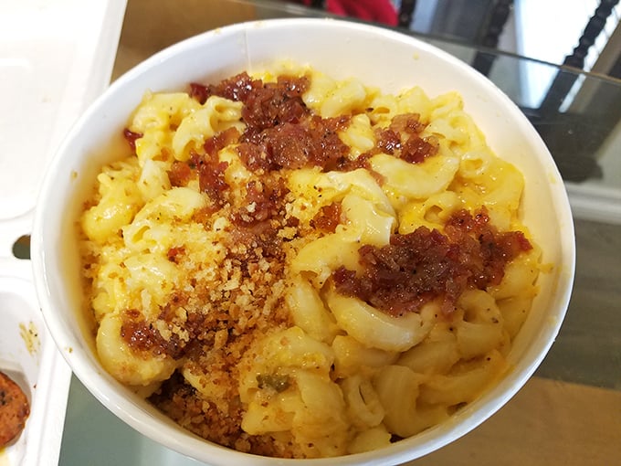 Mac and cheese that doesn't just accompany BBQ—it demands equal billing. That golden crust is the supporting actor who steals the show.