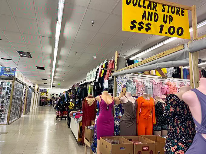 The "dollar store and up" sign promises bargains that would make even the most frugal grandmother do a little victory dance.