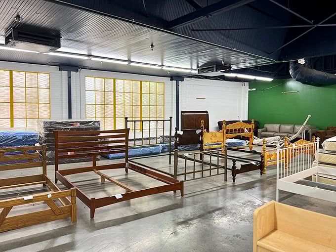 Bedroom department: where vintage wooden bed frames whisper tales of craftsmanship from eras when "planned obsolescence" wasn't in the furniture maker's vocabulary.