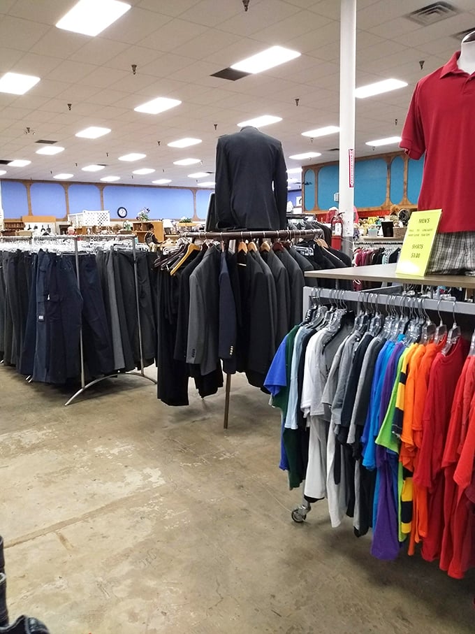 The men's section – where yesterday's business meetings become tomorrow's casual Fridays, one blazer at a time.