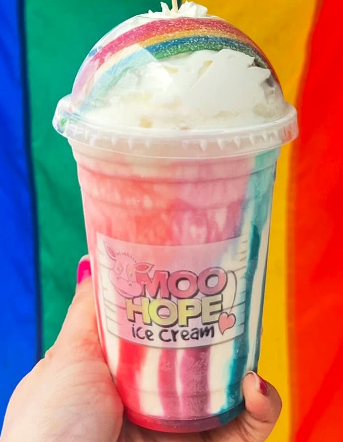 A rainbow in a cup! This colorful creation isn't just a treat for your taste buds—it's therapy in frozen form.