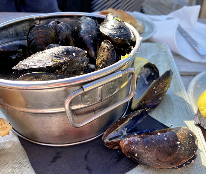 Mussels served in their natural packaging—nature's little black boxes each containing a perfect bite of the sea.