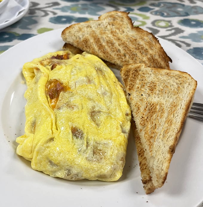This omelet arrives looking like sunshine on a plate, with toast standing at attention like delicious soldiers.