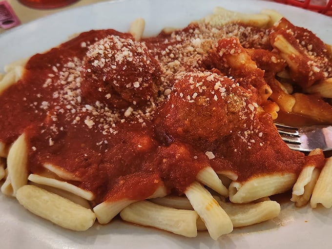 Pasta that would make your Italian grandmother nod in approval—simple, hearty, and topped with meatballs that could solve all of life's problems.