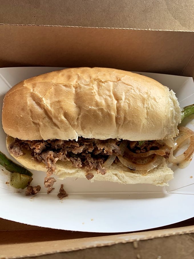 This Philly cheesesteak sandwich means serious business, packed with tender meat and peppers that would make Rocky proud.