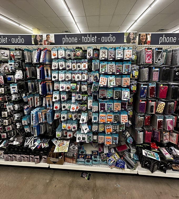 Phone accessories galore! Like a technological candy store where protecting your $1,000 smartphone costs less than your morning latte.