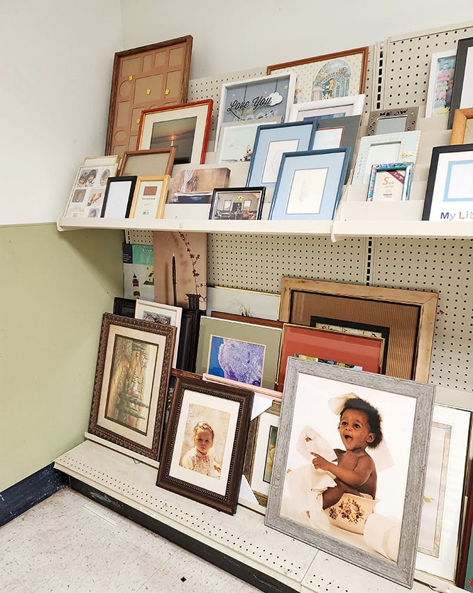 Picture frames galore! Someone else's memories await your photos, proving that even nostalgia gets a second chance at Goodwill.