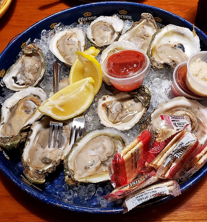 Fresh oysters on ice, looking like little treasures from Neptune's jewelry box, ready for their moment of glory.