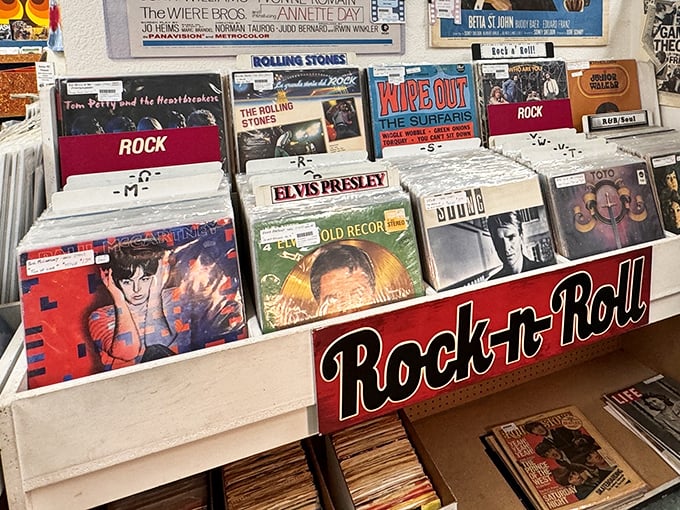 Rock and roll heaven for vinyl enthusiasts! Elvis, The Stones, and The Surfaris—the soundtrack of America's golden age, preserved in pristine sleeves.