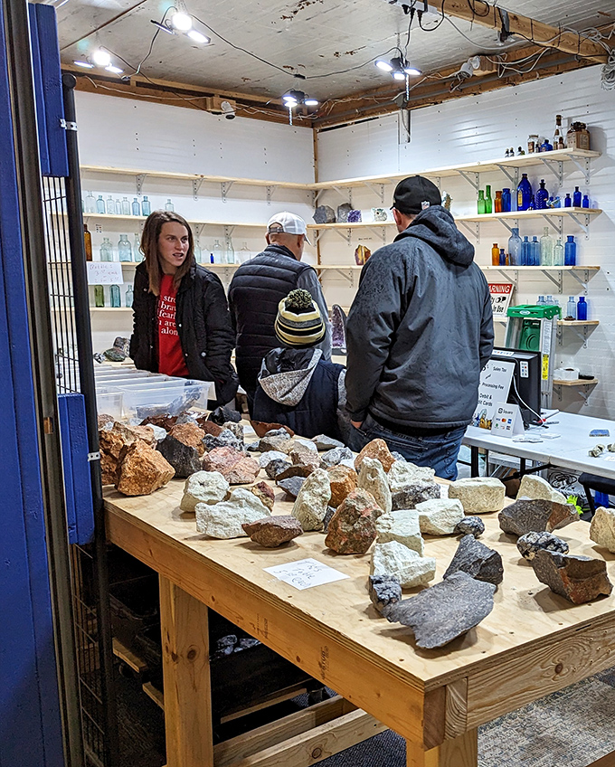 Geological wonders and colorful bottles create a mesmerizing display. Who knew rocks could be so fascinating when you're not tripping over them in your garden?