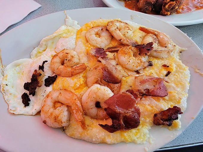 Shrimp and grits with eggs – proof that breakfast can be sophisticated while still giving you that warm hug your stomach craves.