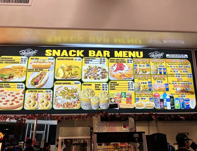 A menu board that reads like a love letter to indulgence, where calories don't count if consumed during previews.