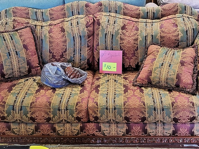 Ten dollars for a sofa that looks like it belongs in a 1990s sitcom family room? The price tag alone is worth a photograph for posterity.