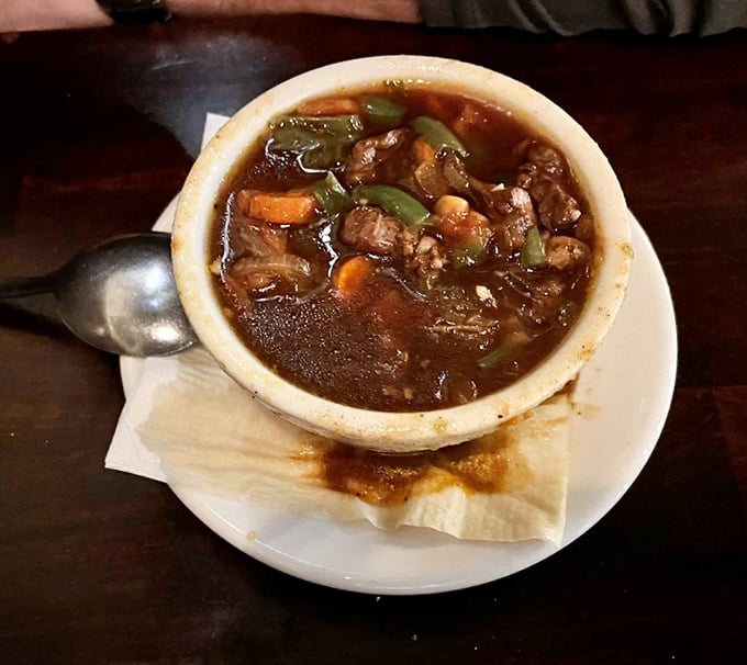 Not just any soup—this hearty bowl packed with vegetables and tender meat chunks is what comfort tastes like after being translated into California cuisine.
