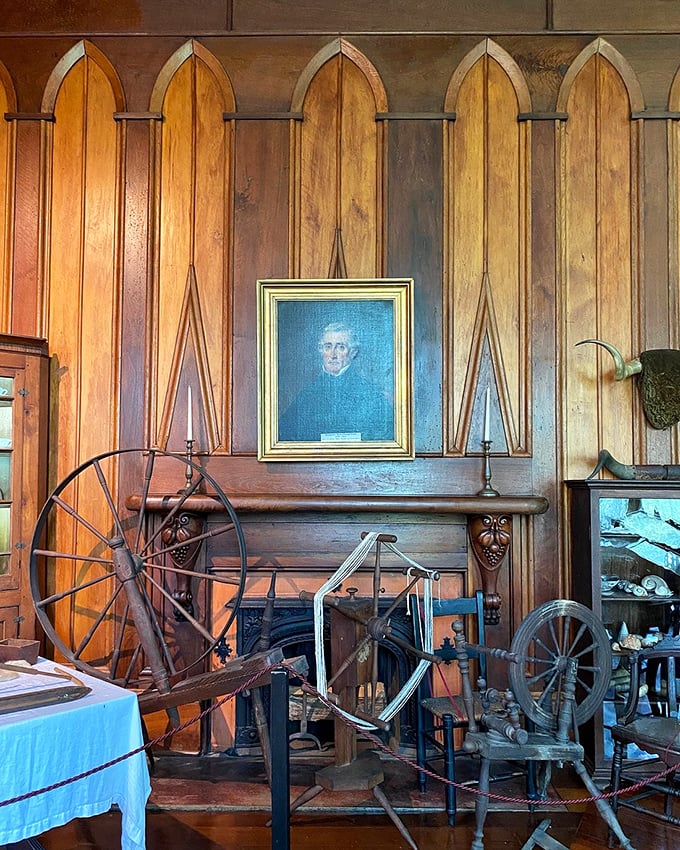 Antique spinning wheels and textile equipment remind us that before fast fashion, creating a single outfit required more skill than assembling IKEA furniture.