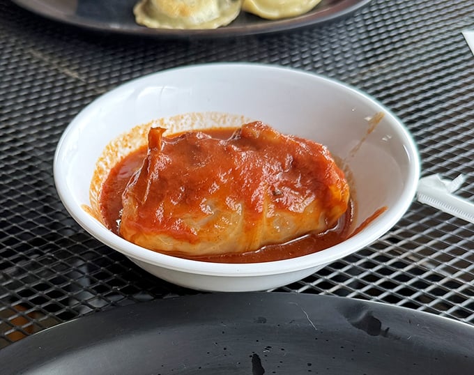 A pierogi bathing in what appears to be tomato sauce—like a dumpling on a spa day, but deliciously saucy.