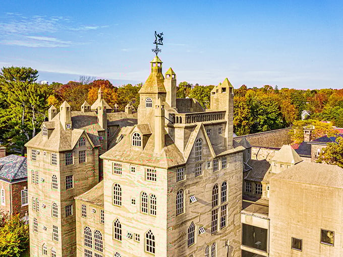 From above, the museum reveals its true character—a concrete puzzle of turrets, gables, and architectural whimsy that would make even Gaudí raise an appreciative eyebrow. 