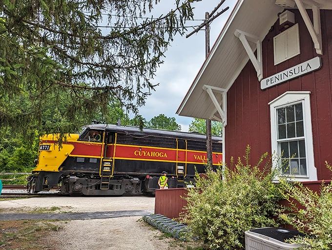 The Peninsula Depot's classic red siding provides the perfect backdrop for the railroad's signature yellow and red locomotive—a photographer's dream come true.