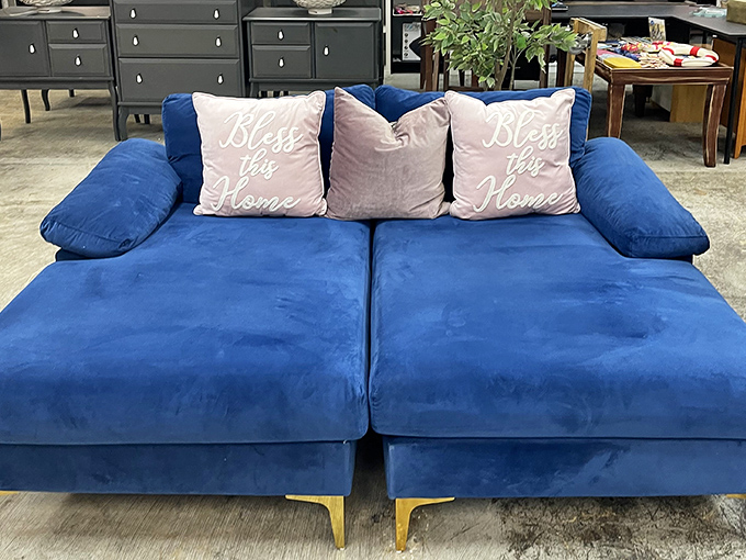 "Bless This Home" indeed! This royal blue sectional isn't just a couch—it's an invitation to Netflix marathons and impromptu naps.