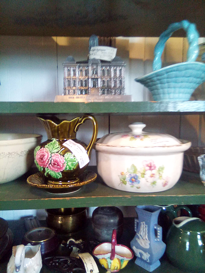 Grandma's china cabinet comes to life with hand-painted pitchers and floral casserole dishes. Sunday dinner memories sold separately.