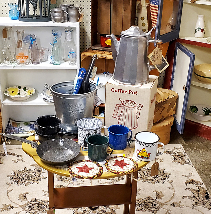 Kitchen artifacts tell stories of family meals past. That aluminum coffee pot probably percolated through countless Sunday mornings and neighborly visits.