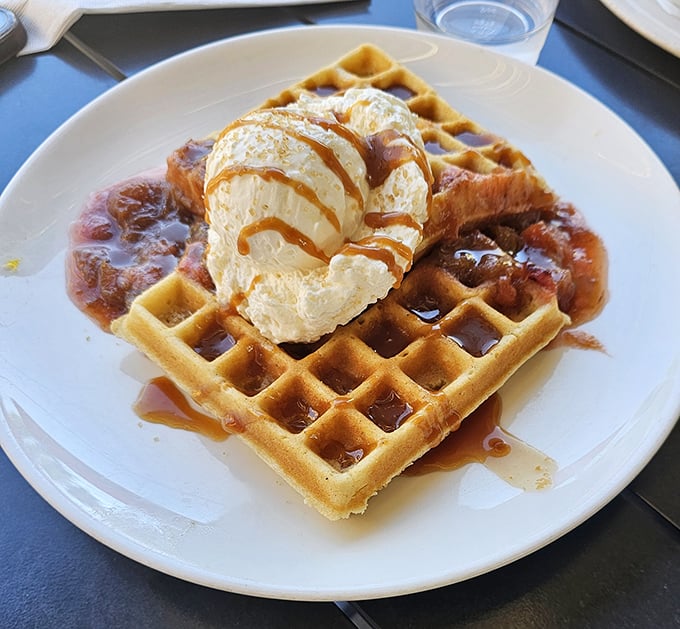 Golden waffles crowned with ice cream and caramel—the breakfast your eight-year-old self dreamed of and your adult self deserves.