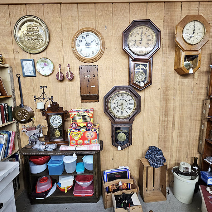Time literally stands still in this corner of vintage clocks. Each face tells a different story, though they all seem to be saying "You've been browsing for hours!" 