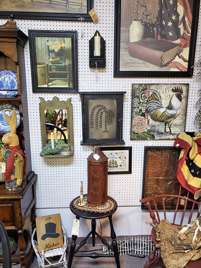 A wall that tells America's story—from patriotic prints to farmhouse roosters, each piece once adorned someone's cherished space.