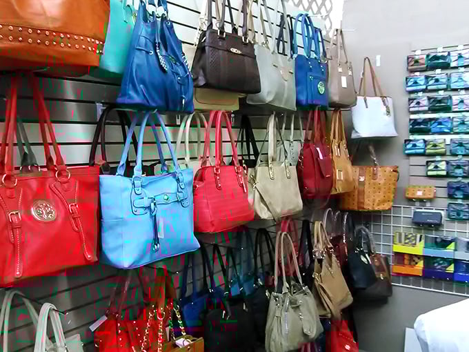 Handbag heaven for the indecisive shopper—every color of the rainbow represented in leather, vinyl, and materials science hasn't quite classified yet.