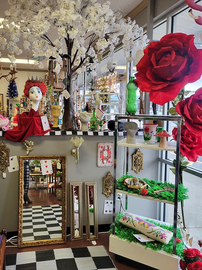 Alice would approve of this wonderland corner. The checkered floor and oversized roses create a magical portal between worlds.