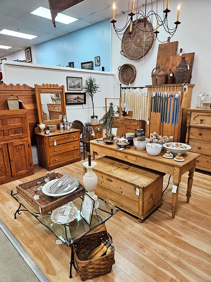 This rustic wooden furniture display could furnish a Restoration Hardware catalog—except these pieces have authentic history instead of manufactured patina.